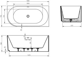 Mexen Gia, volně stojící rohová vana, drážkovaná, pravá, 150 x 75 cm, bílá matná, 52701507501P-SS