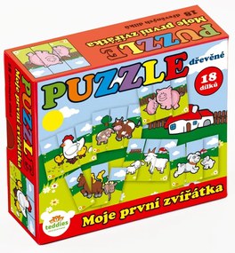 Teddies Puzzle Moje první zvířátka dřevěné 18 dílků pro nejmenší v krabičce 13x11,5x4,5cm 12m+ MPZ