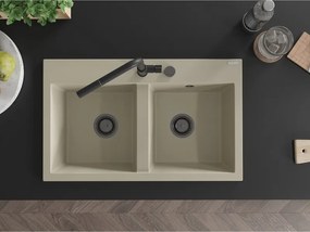 Mexen Hektor, 2-komorový granitový dřez 800x480x205 mm, béžová, grafitový sifon, 6521802000-69-B