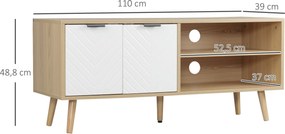 HOMCOM Moderní televizní stolek s 2 dvířky a 2 policemi pro televize do 116 cm pro ložnici 110x39x48,8 cm Přírodní a bílý