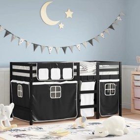 Dětská patrová postel se závěsy bílá a černá 90x200 cm borovice - Default Title