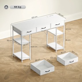 HOMCOM Psací stůl / kuchyňský stůl s 2 USB nabíjecími porty, 2 zásuvky, nastavitelné police, 3 látkové zásuvky, 120 x 40 x 76 cm, bílý