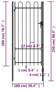 vidaXL Marketos Plotová brána BOXTEL jednokřídlé dveře s klenutým vrškem ocelová 1x2 m černá