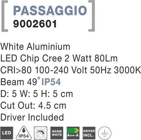 NV 9002601 Venkovní zapuštěné svítidlo do zdi PASSAGGIO bílý hliník LED Chip Cree 2W 100-240V 3000K 49st. IP54 vč. driveru - NOVA LUCE