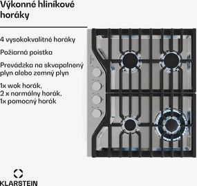 Klarstein Plynová varná deska Turbocast, 304 nerezová ocel, 4 hořáky, profesionální litinový držák, hořák wok