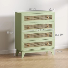 HOMCOM komoda se 4 zásuvkami, úložný prostor s ratanovým vzorem, světle dřevěná optika, 80 x 35 x 95 cm, zelená