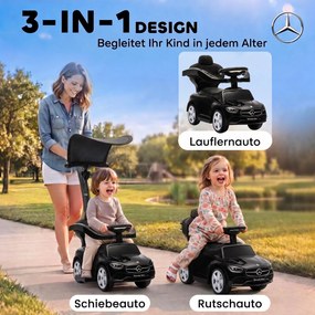 AIYAPLAY 3-v-1 jezdící auto s tlačnou tyčí Mercedes-Benz jezdící vozidlo s volantu, klaksonem, hudbou, střechou, úložným prostorem pod sedadlem, černé