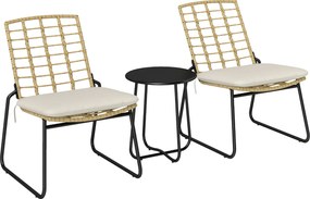 3dílná sada zahradního nábytku, 2 ratanové židle, 1 stůl s kovovou deskou, polštáře na sezení, bistro set, béžová a hnědá barva