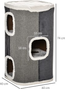 Škrabací strom PawHut pro kočky, 3 úrovně, dřevotříska, sametový polyester, sisal, šedá+bílá, 40x40x74cm| Aosom