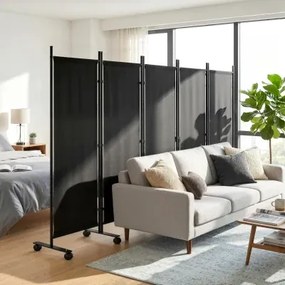 Outsunny dekorativní vnitřní přepážka z oceli s 5 panely, 12 kolečky a spojovacími svorkami, černá