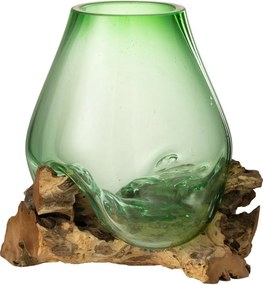 Zelená skleněná váza na dřevu Gamal L - 29*27*33 cm