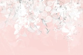 Tapeta listy s kolibříky v růžovo-šedém