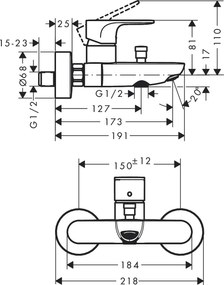 Hansgrohe Rebris S, nástěnná vanová baterie, černá matná, 72440670
