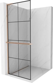 Mexen Kioto+ L, sprchová zástěna Walk-In s poličkou a věšákem 90 x 200 cm, 8mm čiré sklo černý vzor, ​​měděný matný profil, 800-090-123-65-77