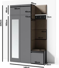 Eka Předsíňová stěna s čalouněnými panely Trinity 20 - Grafit / Hnědá 2307