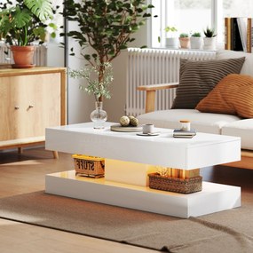 HOMCOM Konferenční stolek s zásuvkami a LED světly, moderní sofa stůl s otevřenou policí, konferenční stolek, dřevotříska, bílá