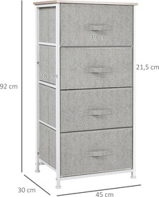 HOMCOM Komoda se 4 látkovými zásuvkami, úložný kabinet multifunkční pro ložnici, obývací pokoj a chodbu 45x30x92 cm šedá