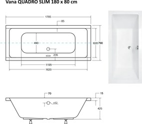 Besco Quadro Slim obdélníková vana 180 x 80 cm akrylát bílá VANQAUD180SLIM