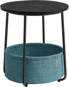 Malý stolek, kulatý příruční stolek s textilním košíkem, černá a tyrkysová barva | VASAGLE