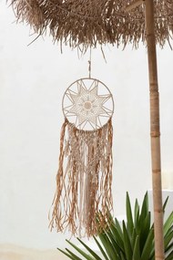 Béžovo-hnědý lapač snů s lýkovými proužky a Macramé - Ø 32*95 cm