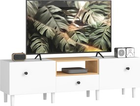 HOMCOM TV nábytek až do 177,8 cm s 2 sklápěcími dvířky, zásuvkou a otevřenou přihrádkou, dřevo, 150x35x45 cm, bílá a dřevěný vzhled