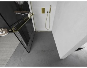 Mexen Kioto+, sprchová zástěna s poličkou a držákem na ručníky 130 x 200 cm, 8mm čiré sklo vzor černý, zlatý profil, 800-130-121-50-78