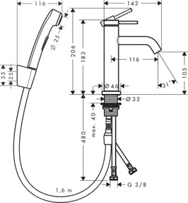 Hansgrohe Tecturis S, páková umyvadlová baterie 110 s ruční sprchou Bidette, chromová, HAN-73211000