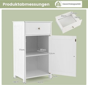 Costway Koupelnová skříňka úzká se zásuvkou a dvířky – 43 × 34 × 77 cm, bílý