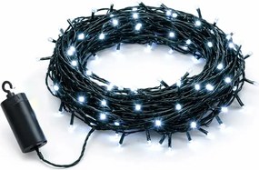 LED světýlka na baterie, venkovní, 10,2 m, ledově bílá, 100 diod, tmavě zelený kabel, IP44, 4× AA