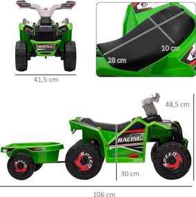 HOMCOM Dětská elektrická čtyřkolka 6V s přívěsem, dětské vozidlo pro 1,5-3 roky, 2,5 km/h, kovová, zelená pro venkovní zábavu | Aosom.de