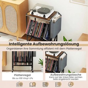 Costway Pojízdný stolek na gramofon s držákem časopisů, hnědý