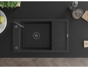 Mexen Elias, granitový dřez granitový 795x480x200 mm, 1-komorový, černá-stříbrná metalíza s černým sifonem, 6511791005-73-B