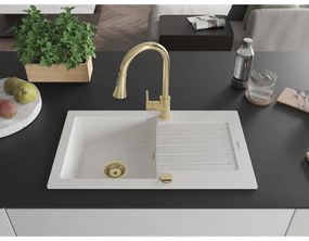 Mexen Pablo, 1-komorový granitový dřez 752x436x161 mm a dřezová baterie Elia, bílá, 6510-20-670101-50
