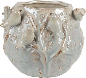 Modrý terakotový obal na květináč zdobený ptáčky - 22*21*17 cm