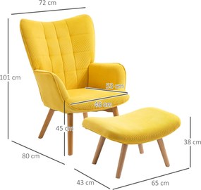 HOMCOM polohovatelné křeslo lounge wing chair s taburetem ve žluté barvě, křeslo s dřevěnými nohami, vzhled šňůry pro příjemné posezení | Aosom.de