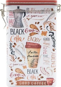 Plechová dóza Coffee Typography, 500 g – bílá, matný povrch, s patentním uzávěrem, s kávovým motivem, na kávu, bylinky, těstoviny a drobnosti