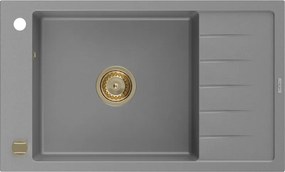 Mexen Elias, granitový dřez granitový 795x480x200 mm, 1-komorový, šedá se zlatým sifonem, 6511791005-71-G