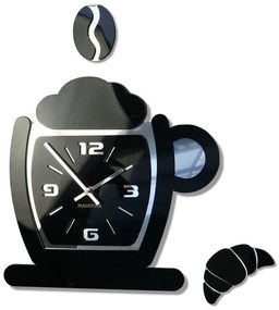 Černé hodiny na zeď s motivem kávové šálky