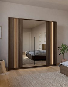 Čtyřdveřová šatní skříň se zrcadlem a LED osvětlením Amaro E dub dunin
