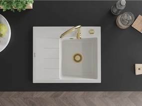 Mexen Ben granitový dřez jednokomorový s odkapávačem, pravý 600 x 500 mm, bílý, zlatý sifon - 6523605000-20-G