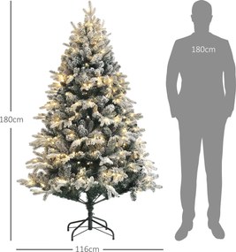 HOMCOM Umělý vánoční stromek, 180 cm, LED světla, pokrytý sněhem, nehořlavý, kov