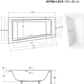 Besco Intima asymetrická vana 150 x 85 cm levá akrylát bílá VANINTI15L