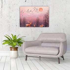 Skleněný obraz - Jeleni v záři zapadajícího slunce (70x50 cm)