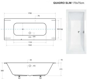 BESCO Obdélníková vana QUADRO SLIM Nožičky k vaně - S nožičkami, Rozměr vany - 170 × 75 cm VANQAUD170SLIM+OLVPINOZ