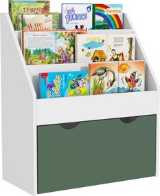 Dětská knihovnička AIYAPLAY s hračkami a úložným prostory, víceúrovňová s 3 policemi a šuplíkem, 62,5L x 30Š x 70V cm, Zelená
