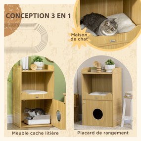 PawHut Kočičí záchodová skříňka, kabinet na kočičí záchod, 3 úrovně, oddělení uzavřené dveřmi, 1 polštář, 60 x 45 x 103 cm