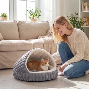 PawHut Kočičí pelíšek plyšová kočičí jeskyně s odnímatelným polštářem, protiskluzová podložka, pratelný kočičí koš, pro kočky do 5 kg, šedá