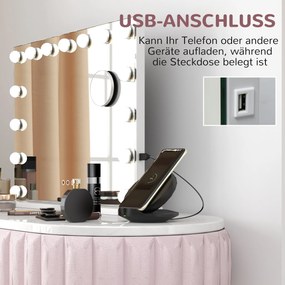 HOMCOM Hollywoodské zrcadlo s osvětlením 58x48cm 15 LED 3 světelné režimy 10x zvětšení přenosný dotykový spínač USB nabíjecí port bílý |