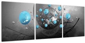 Obraz - světle modré abstraktní koule (s hodinami) (90x30 cm)