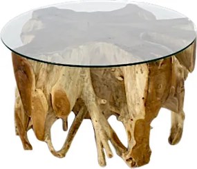 FaKOPA Odkládací stolek sklo - dřevo, podnož z kořene teakového dřeva Gemma